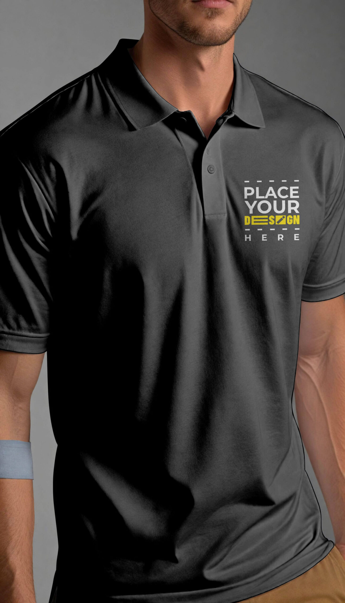 Detailed Black Polo T-Shirt Mockup with Model - TemplateOcean